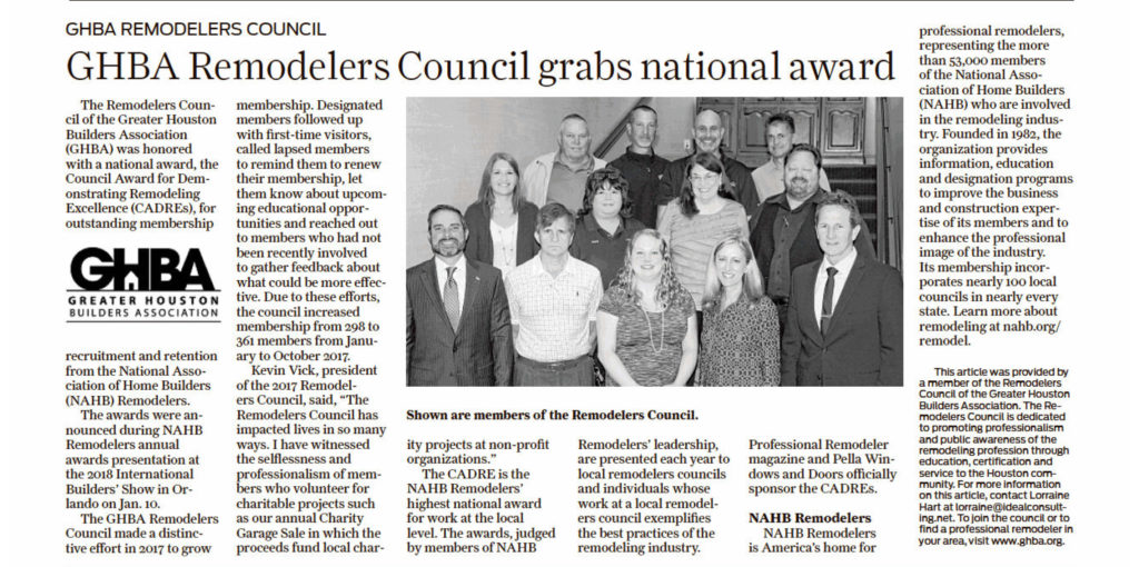 GHBA Remodelers Council Wins National Award - Vick Construction